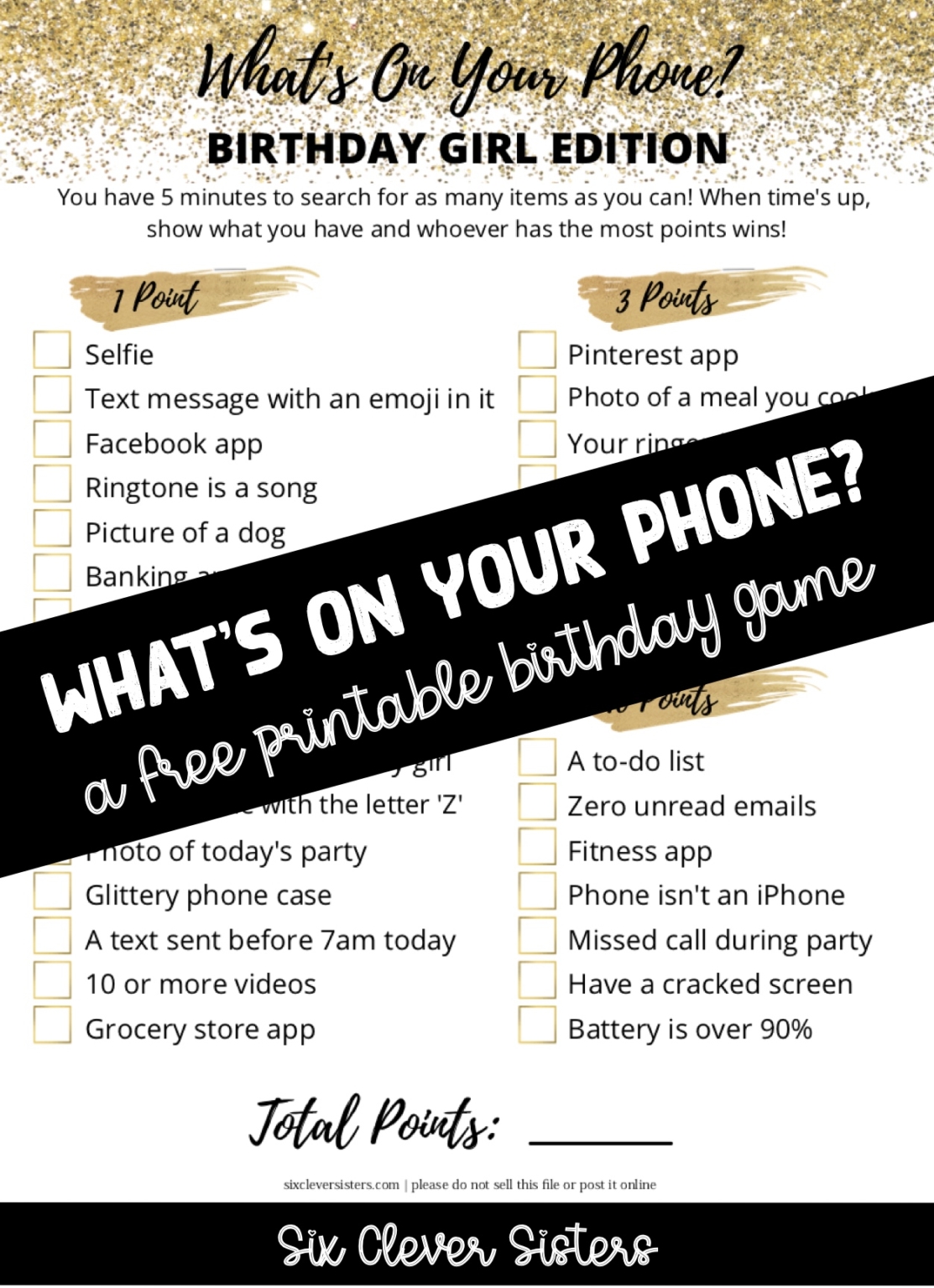 What's On Your Phone {Free Printable Birthday Game} - Six Clever Sisters