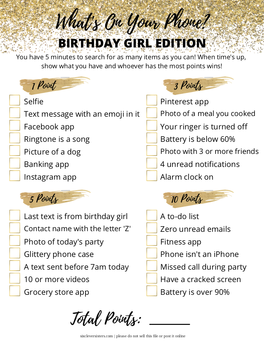 What's On Your Phone {Free Printable Birthday Game} - Six Clever Sisters