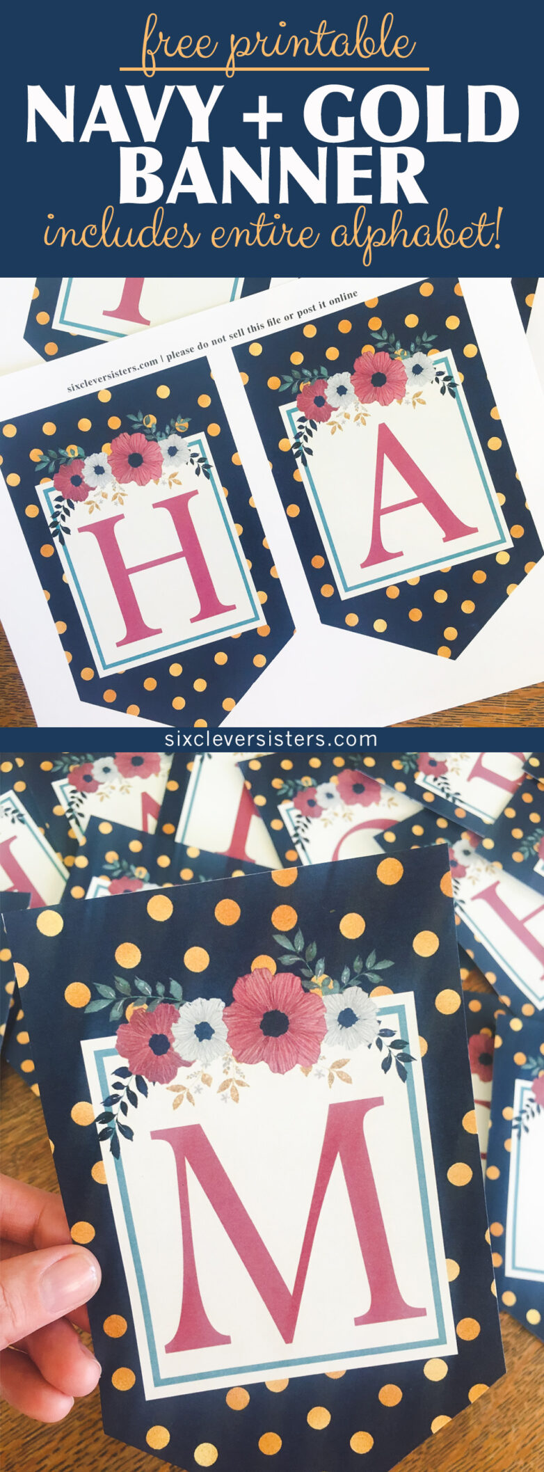 Free Printable Birthday Banner in Navy Blue - Six Clever Sisters