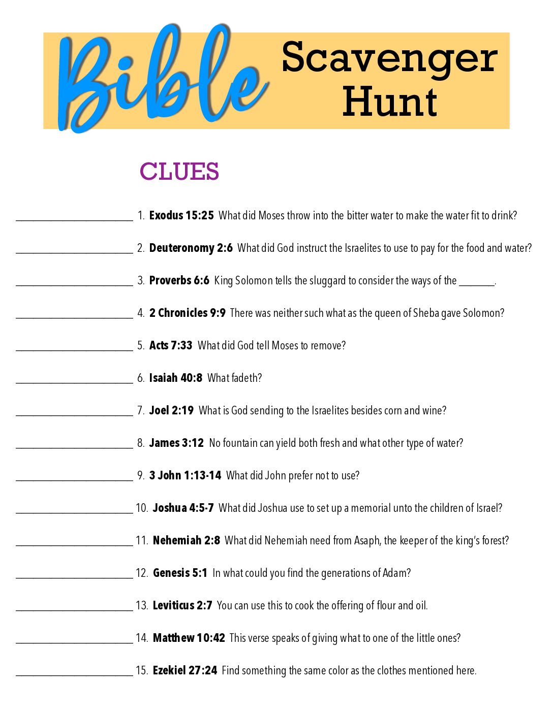 Free Printable Bible Scavenger Hunt - Six Clever Sisters