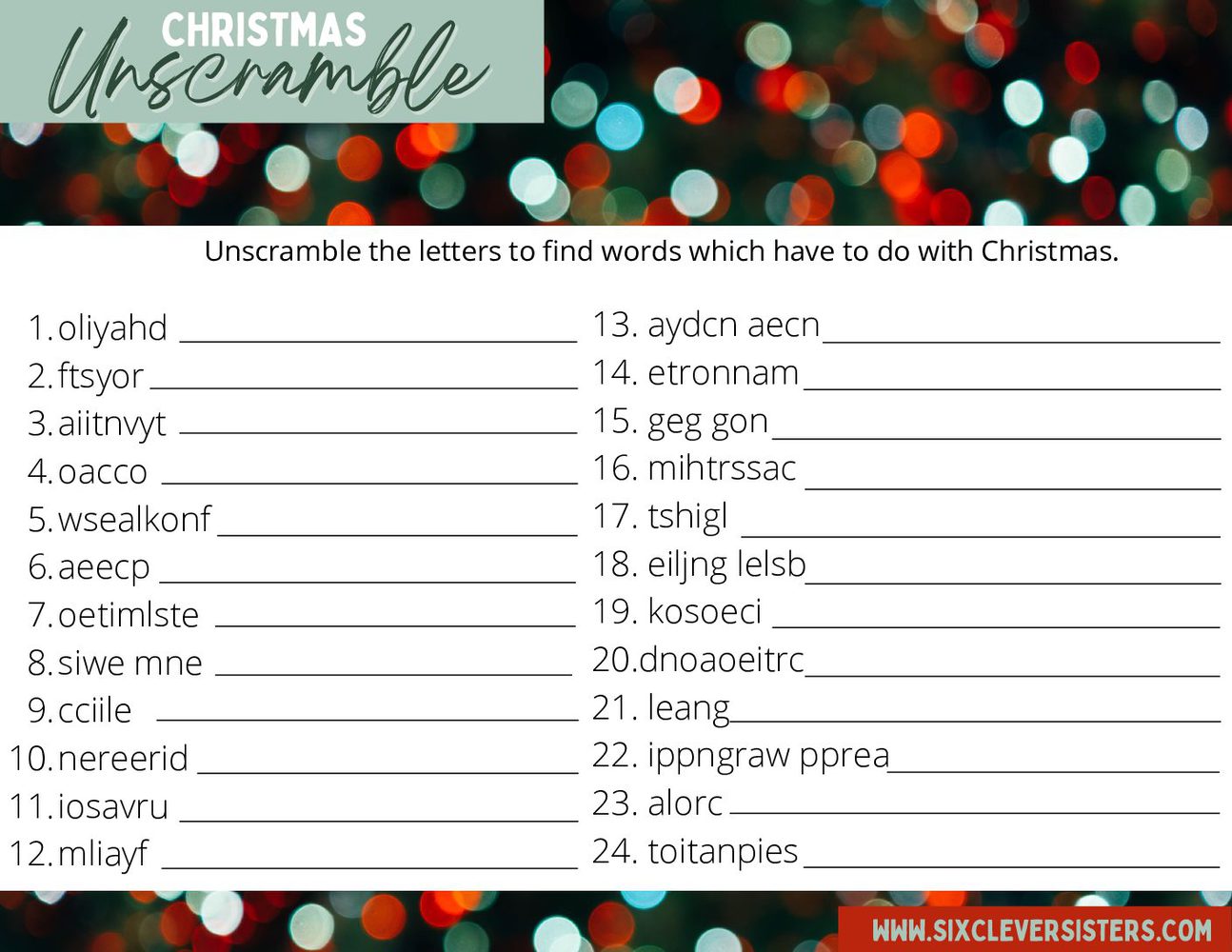 Christmas Unscramble Final - Six Clever Sisters